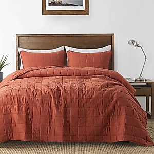 Burnt Orange Quilt Queen Size Bedding Sets with Pillow Shams, Red Lightweight Soft Bedspread Coverlet, Quilted Blanket Thin Comforter Bed Cover for All Season Spring Summer, 3 Pieces, 90x90 inches