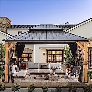 Jaxenor Outdoor Cedar Wood Frame Canopy - 12'x14' Hardtop Gazebo with Galvanized Steel Double Roof - Permanent Metal Pavilion for Patio, Backyard, and Lawn - Includes Curtains and Netting - Brown