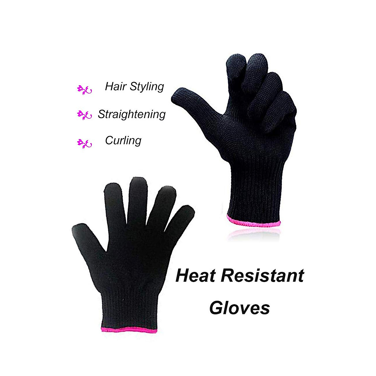 AFT90 2 Heat Resistant Glove for Hair Styling, Curling Iron, Flat Iron and Curling Wand, Black, Pink Edge