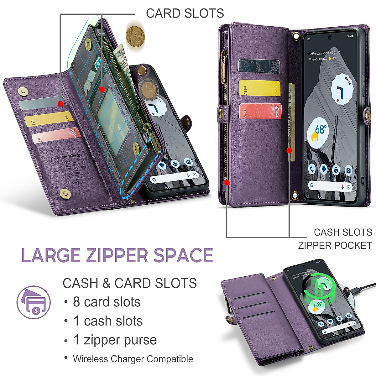 ASAPDOS Google Pixel 8 Pro Case Wallet(2023),Retro PU Leather Strap Wristlet Flip Case with Magnetic Closure,[RFID Blocking] Card Holder and Kickstand for Men Women Purple