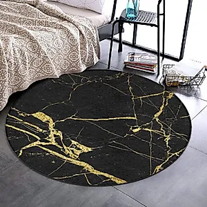 SWEET TANG Fashion Ultra Soft Non-Slip Round Area Rugs Indoor Throw Area Rug Circle Carpet for Living Room Bedroom Dining Room, Chic Black and Gold Marble Texture, 5 Feet