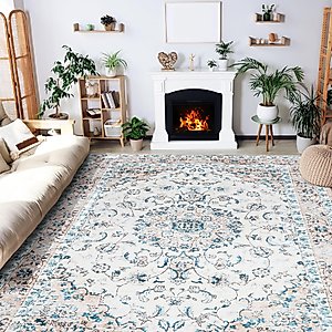 Mcadore 8x10 Area Rugs Washable Boho Rug, Non Slip Carpet for Living Room, Bedroom, Kitchen, Soft Low-Pile Rug, Lvory/Floral