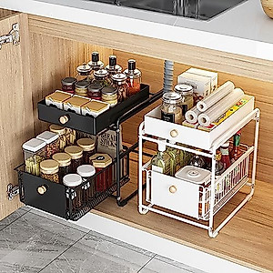 RIAAJ Kitchen Sink Shelf 2 Tier Under The Sink Organizer Sliding Countertop Organizer Slide Out Cabinet Drawer Organizer, Spice Rack Metal Basket Home Shelf for Bathroom Kitchen Sink Organizer, #2