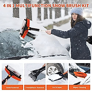 Epltion 57″ Expandable Snow Brush and Ice Scraper, 4 in 1 Ice Scraper for Car Windshield, 270° Pivoting Snow Brush Head with Squeegee and Foam Grip, Snow Removal Tool for Christmas SUV Truck (Orange)