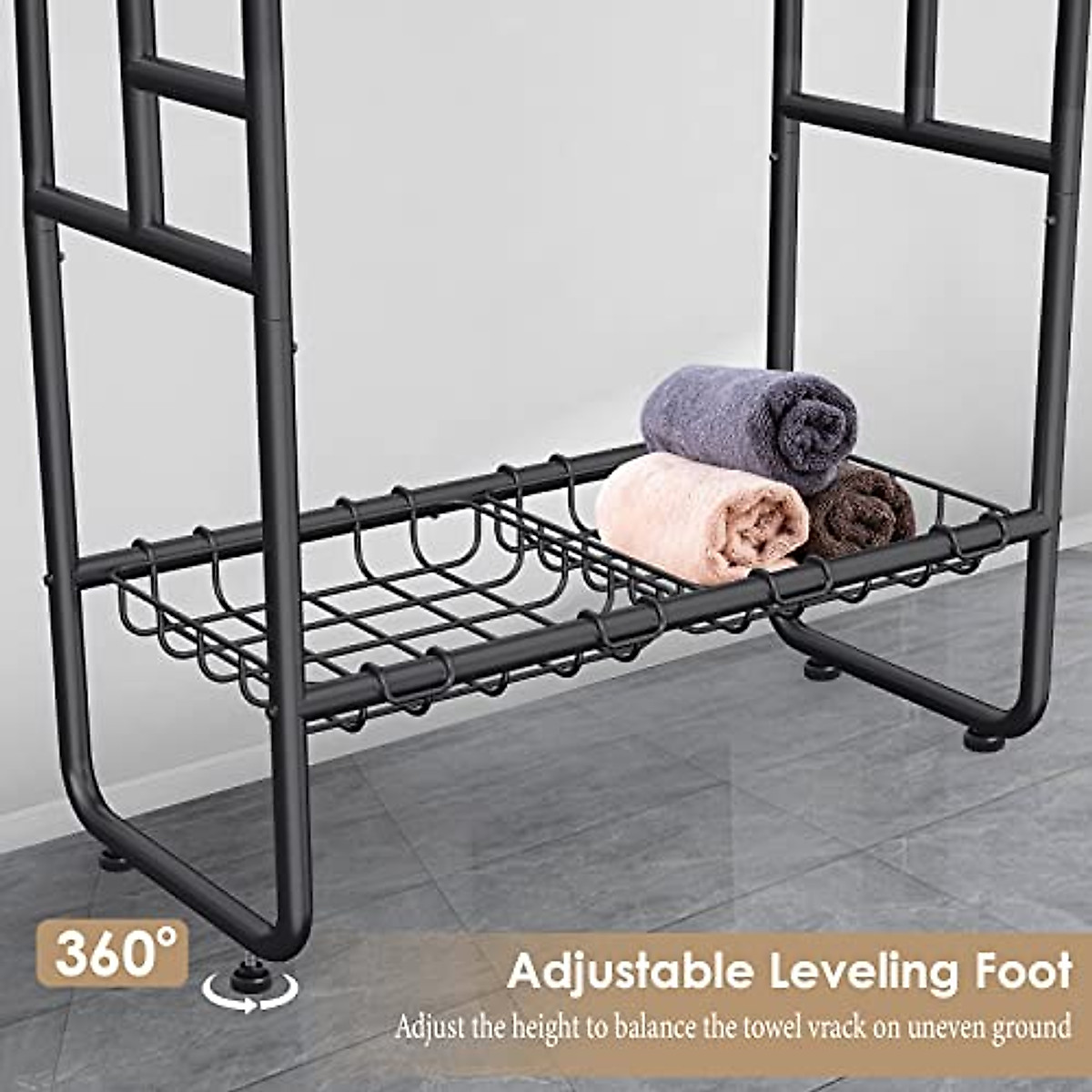 Kayfia 40" Tall Freestanding Towel Racks, 3 Tier Blanket Rack with 2 Removable Storage Baskets & 6 Hooks, Indoor Outdoor Floor Blanket Ladder Holder for Bedroom Bathroom Organizer (Metal Black)