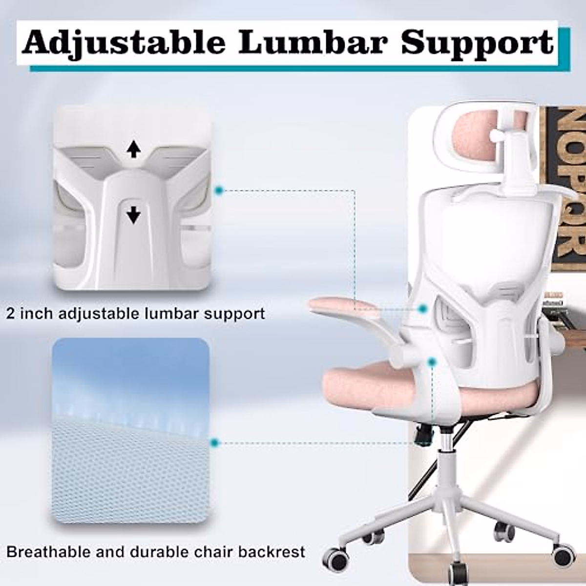 Ergonomic Office Chair, High Back Mesh Desk Chair with Molded Foam Cushion, Adjustable Headrest, Lumbar Support, Lock Function (Petal Pink)