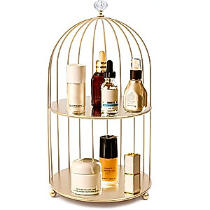 Gdrasuya10 Metal Makeup Organizer Birdcage Cosmetic Storage Rack Makeup Shelf 2 Tier Bird Cage Perfume Dessert Cupcake Rack Bathroom Storage Rack Golden