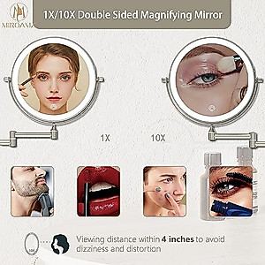 MIROAMZ Rechargeable Wall Mounted Lighted Makeup Vanity Mirror 8 Inch Double Sided 1X 10X Magnifying Bathroom Mirror, 3 Color Lighting, Touch Screen Dimming, 360 Rotation Shaving Mirror Brushed Nickel