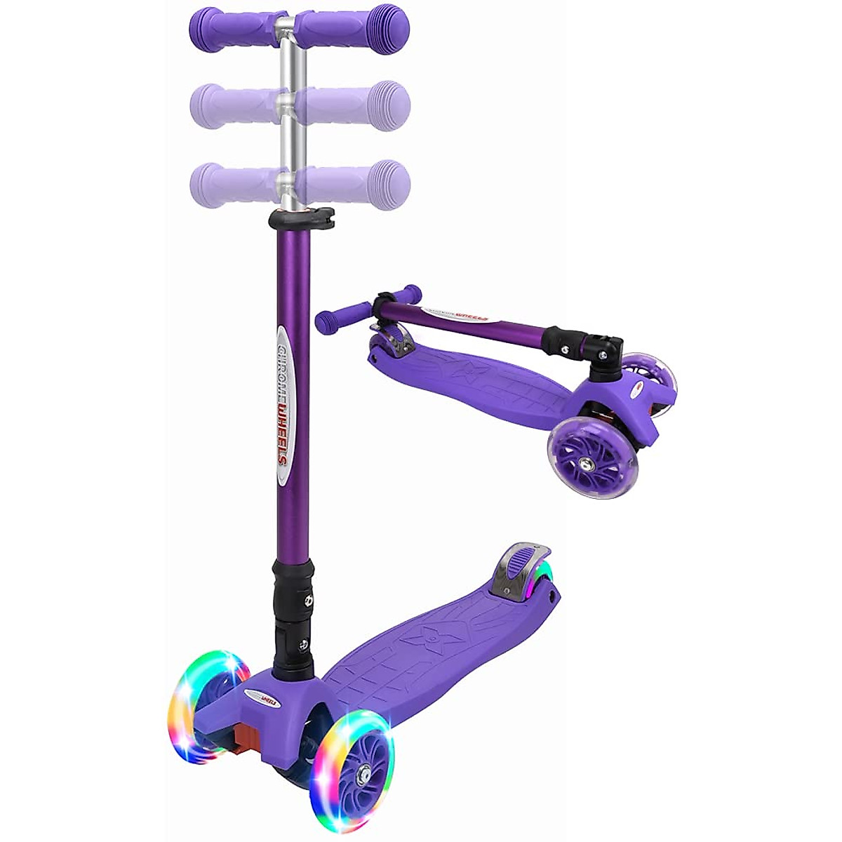 ChromeWheels Scooters for Kids, Deluxe Kick Scooter Foldable 4 Adjustable Height 132lbs Weight Limit 3 Wheel, Lean to Steer LED Light Up Wheels, Best Gifts for Girls Boys Age 3-12 Year Old, Purple