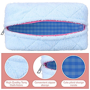 LEIFIDE 4 Pcs Quilted Makeup Bag Pouch Cute Plush Fuzzy Checkered Cosmetic Bag Cotton Terry Cloth Toiletry Pouch with Zipper Portable Travel Organizer Preppy Brush Storage for Christmas Women Gift