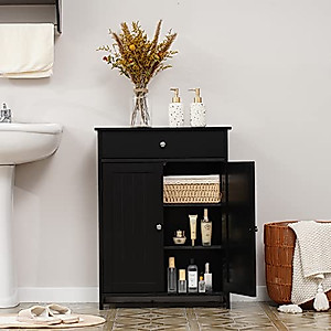 Iwell Bathroom Cabinet, Free Standing Bathroom Storage Cabinet with 1 Large Drawer & Adjustable Shelves, Wooden Entryway Storage Cabinet for Bathroom, Kitchen, Living Room, Black