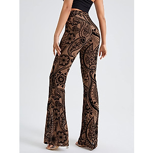 OYOANGLE Women's Bootcut High Waisted Yoga Pants Floral Print Wide Leg Pants Trousers Brown Floral M