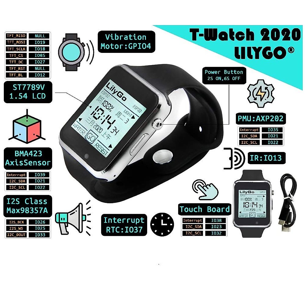 youyeetoo ESP32 T-Watch-2020 with 1.54 Inch Touch Display and programmable Wearable Environmental Interaction
