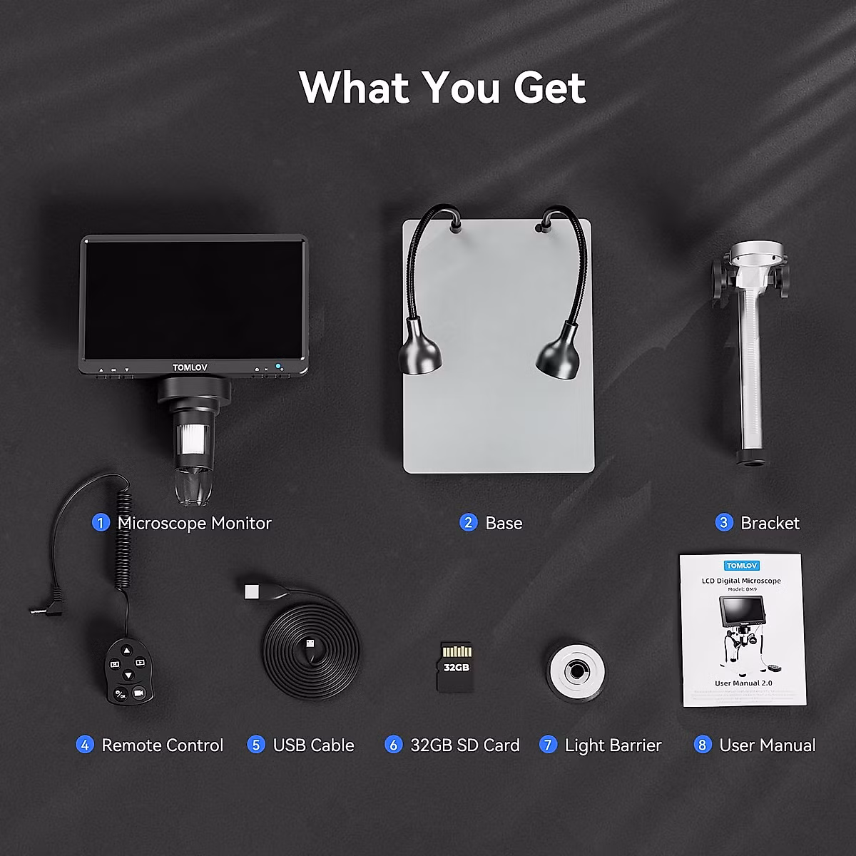 TOMLOV DM9 7" LCD Digital Microscope 1200X, 1080P Video Coin Microscope with Metal Stand, 12MP Ultra-Precise Focusing, LED Fill Lights, PC View, Windows/Mac OS Compatible, with SD Card, Model- DM9