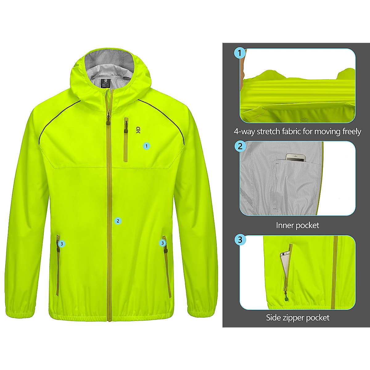 Little Donkey Andy Men's Cycling Stretch Rain Jacket with Hood, Windproof and Waterproof, Ultralight Golf Windbreaker,Packable Size XL