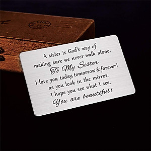 FALOGIJE Sister Gifts from Sister - Permanent Engraving Wallet Card, A Sister is God's Way of Making Sure We Never Walk Alone, Gifts for My Little Old Sister, Birthday, Mother's Day