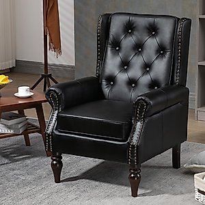Meesifeel PU Leather Accent Chair,High Wingback Chair with Buttons, Modern Living Room Chairs,Single Club Armchair with Rivet Decoration,Upholstered Reading Chairs for Living Room/Bedroom (Black)