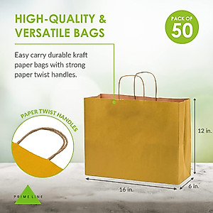Craft Bag with Handles - 16x6x12 50 Pack Large Yellow Shopping Bags, Cute Kraft Paper Gift Wrap Totes with Handles for Small Business, Retail & Boutique Use, Merchandise, Goodie & Favor Bags, in Bulk