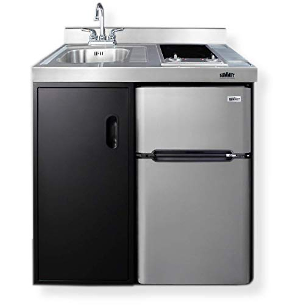 Summit Appliance CK36ELGLASS 36" Wide All-In-One Kitchenette Fully assembled; Includes a 2-door Refrigerator-freezer, 2-burner Cooktop, Sink, and Large Storage Cabinet