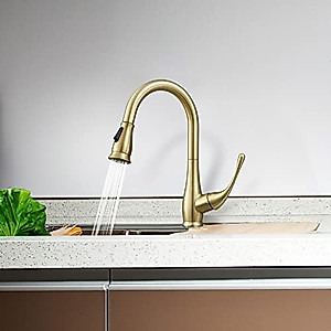 peskoe Gold Kitchen Faucet with Pull Down Sprayer Brushed Gold Kitchen Sink Faucets High Arc Single Handle Modern 2 Function Tall Faucet 360 Degree Swivel Spout