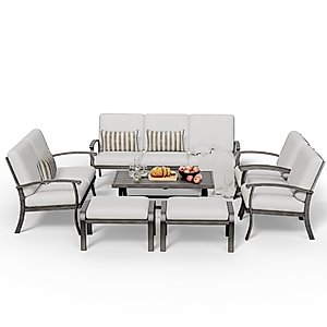 LUXIJOY Aluminum Patio Furniture Set 7 PCS, Sectional Loveseat 3 Seat Sofa Couch and Armchairs with Cushion and Ottomans, Outdoor Conversation Set with Coffee Table for Pool Yard Deck, Grey