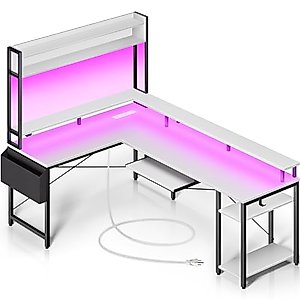 Rolanstar L Shaped Gaming Desk with Power Outlets & LED Lights, Reversible Computer Desk with Keyboard Tray, Storage Shelves, Monitor Stand & Hutch for Home Office, White