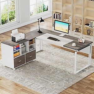 Tribesigns L-Shaped Executive Desk with Reversible File Cabinet, 63" Office Desk with Storage Drawers, L-Shaped Computer Desk with Drawer Cabinet for Hanging Letter Size Files,Gray & White