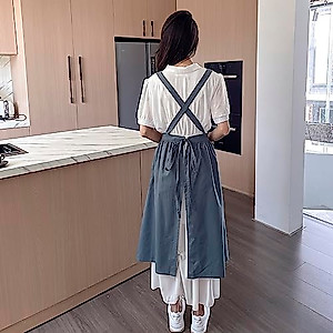 TALIBSA Pinafore Apron Dress，Japanese Cotton Linen Cross Back Apron for Women with Pockets，Pinafore Dress with Waist Ties (Turquoise Blue)