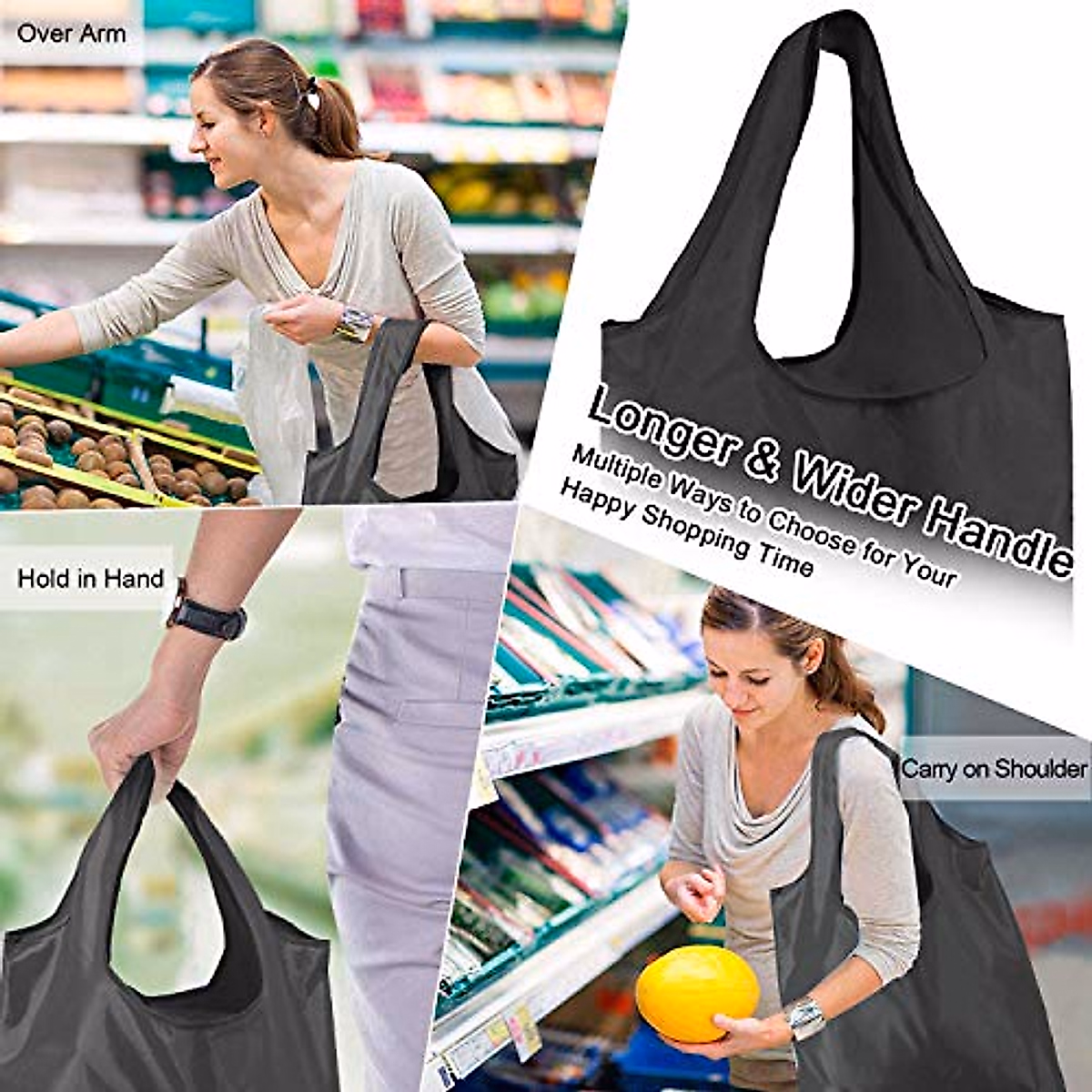 BeeGreen X-Large 10 Pack Black & Grey Reusable Shopping Bags with Storage Pouch & Elastic Band Reusable Grocery Bags Bulk Wholesale 50LBS Foldable Fabric Bags Machine Washable