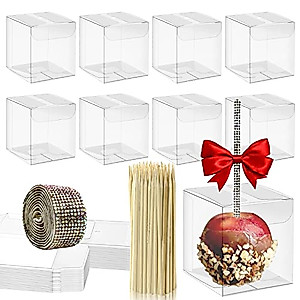 BadenBach 30 Set 4" Clear Candy Apple Boxes with Hole, Candy Apple Kit Supplies Containers Apple Boxes with 30 Pcs 7" Thick Candy Apple Sticks and 35.5" Self-Adhesive Rhinestone Stickers