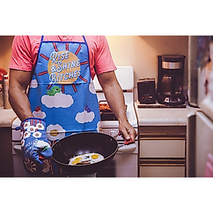 Rise And Shine Bitches Funny Breakfast Bacon And Eggs Graphic Kitchen Accessories Funny Graphic Kitchenwear Funny Food Novelty Cookware Blue Oven Mitt