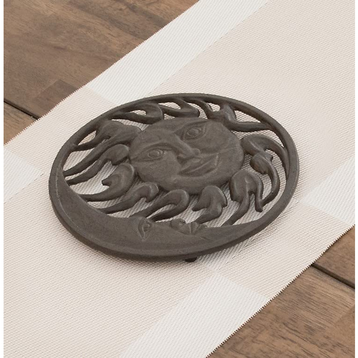 gasaré, Trivet for Hot Dishes, Pots and Pans, Metal Trivet, Sun and Moon Design, Cast Iron, Rubber Feet Caps, Ring Hanger, 8 Inches, Brown Finish, 1 Unit