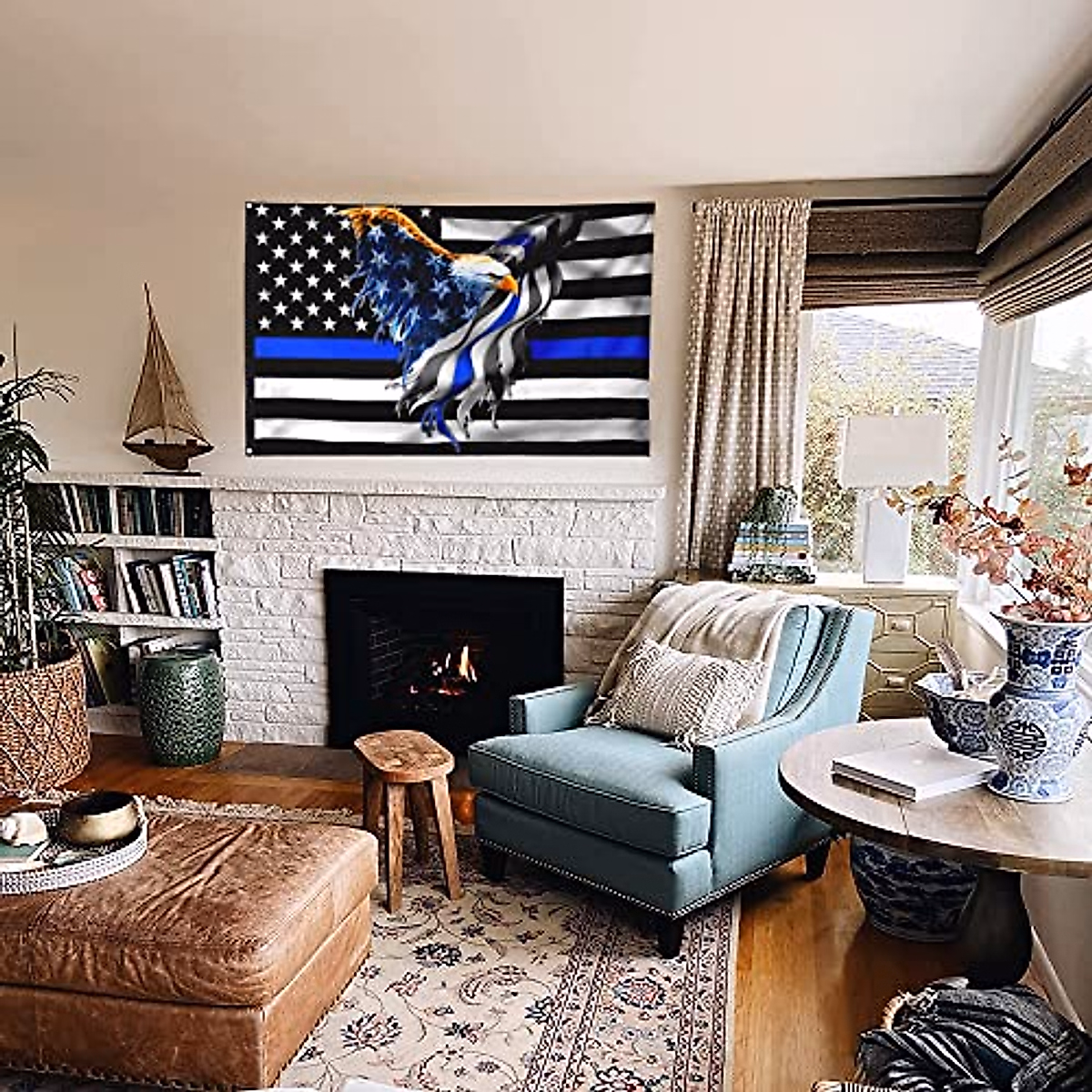 mokarier The Thin Blue Line Police Law Enforcement American Eagle Flag Banner with Grommets 3x5Ft College Home Room Man Cave Frat Wall Banner Decor THB3482