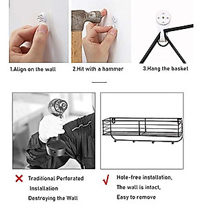 Metal Shower Caddy Bathroom Shelf, No Drilling Traceless Adhesive Bathroom Storage Organizer, Rustproof Food Storage Basket, 2-in-1 Kitchen Spice Racks ，Key Holder with Hook Wall Decoration Multi-function Rack - (Matte Black)