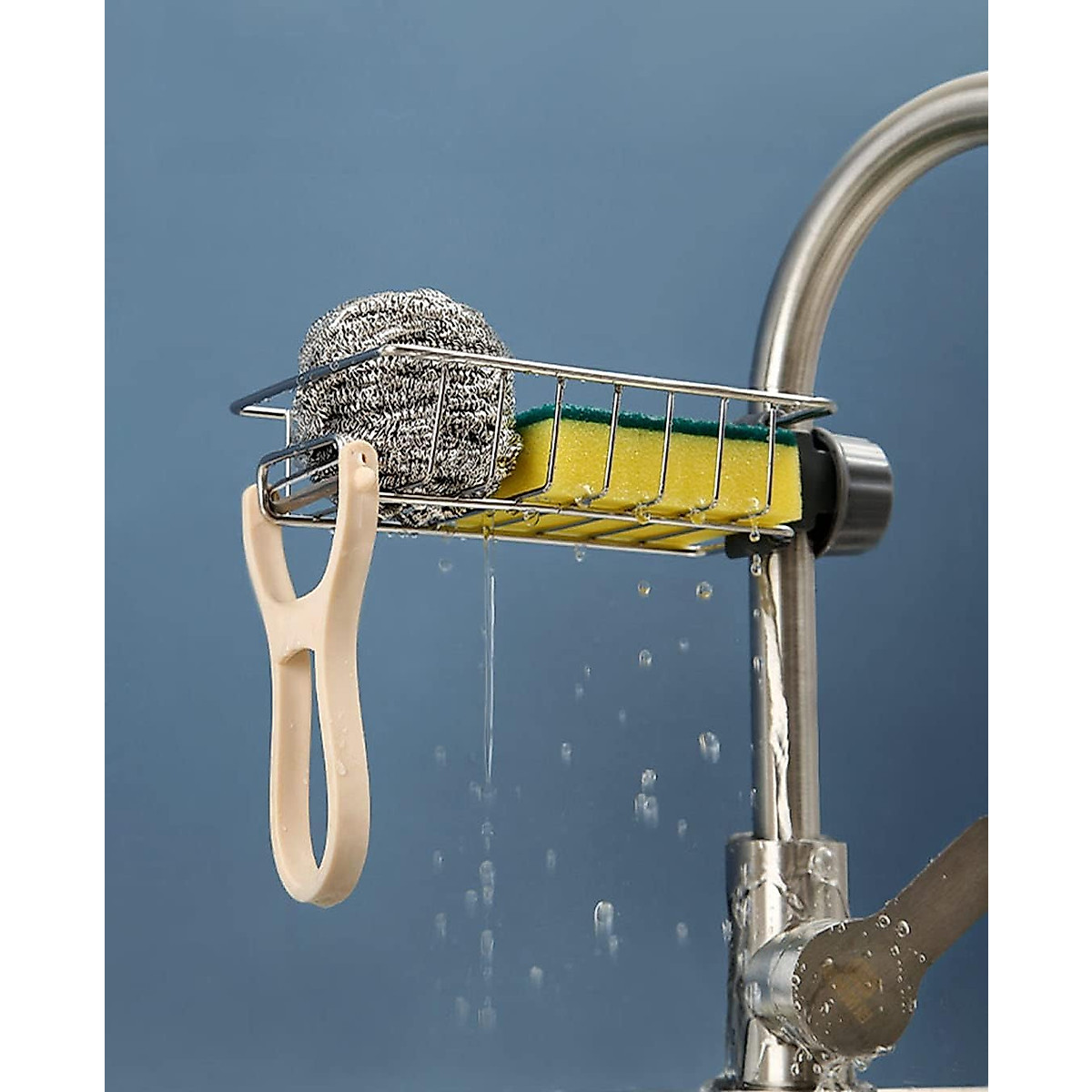 Kitchen Sink Caddy Organizer Over Faucet Sponge Holder, Stainless Steel Heavy Duty Thickening Hanging Faucet Drain Rack for Scrubbers, Soap, Bathroom, Detachable No Suction Cup or Magnet (Faucet Rack)