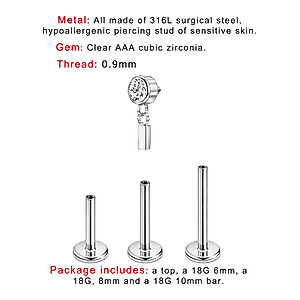 FANSING Dangle Earrings Stud Surgical Steel Silver Cartilage Earring Conch Piercing Jewelry Helix Earrings Tragus Earrings Clear CZ End with 18g 6mm 8mm 10mm Internally Threaded Posts