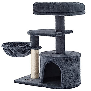 Feandrea Cat Tree, Small Cat Tower, Cat Condo, Kitten Activity Center with Scratching Post, Basket, Cave, Smoky Gray UPCT59G