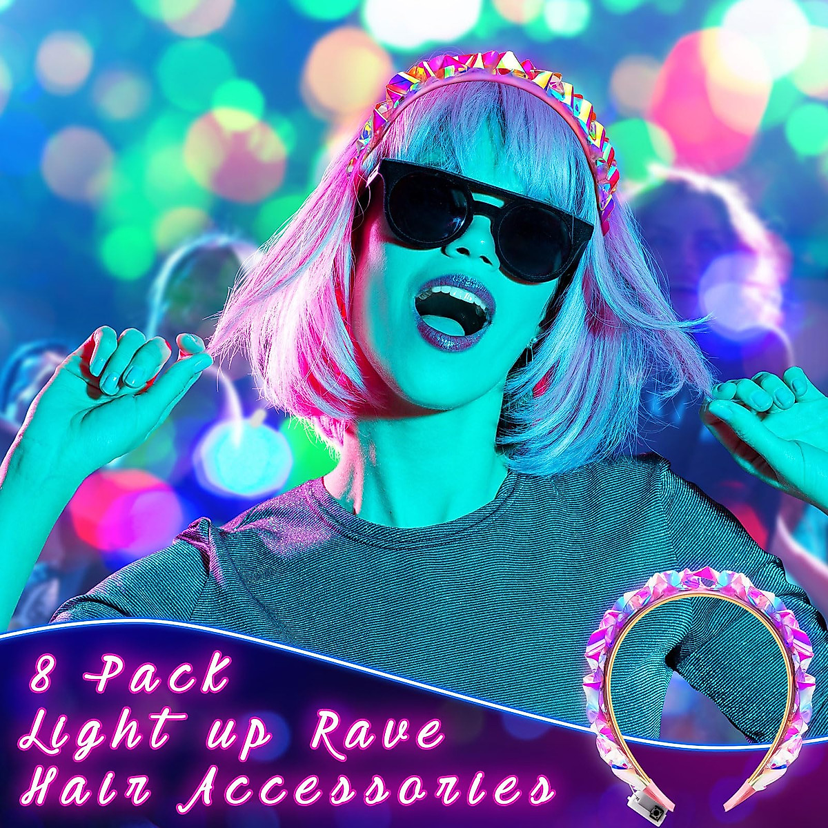 Tigeen Light up Headband Led Headband Led Face Jewelry Glow Headband Led Crown Light up Hair Accessories for Girls Women Valentine's Day Party Favors(8 Pcs)