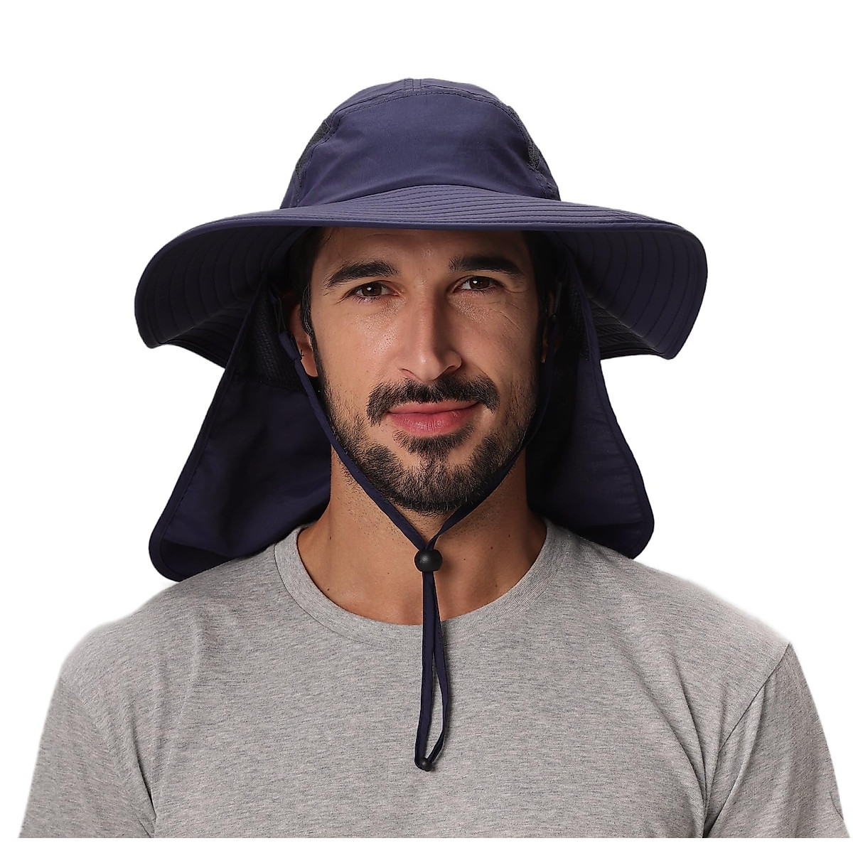 Home Prefer Mens UPF 50+ Sun Protection Hat Wide Brim Fishing Hat with Neck Flap (Navy Blue)