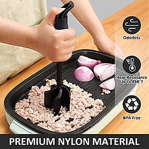 Ourokhome Upgrade Meat Chopper and Potato Masher, Heat Resistant Ground Meat Smasher for Hamburger Meat, 5 Curved Blades Ground Beef Smasher, Nylon Non Stick Mixer, Stirrer and Kitchen Gadgets, Black