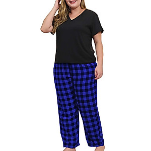 KAMONG Women Plus Size Pajamas Set Plaid Lounge Pants V-Neck Long/Short Sleeve Cotton T Shirt 2 Piece Sleepwear Blue