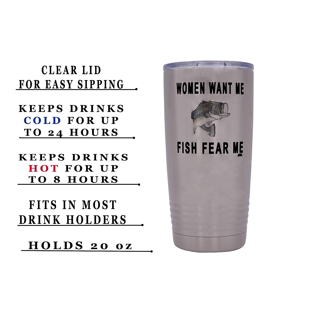 Rogue River Tactical Funny Fishing 20 Oz. Travel Tumbler Mug Cup w/Lid Vacuum Insulated Hot or Cold Fish Fear Me Fishing