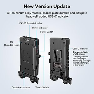 SmallRig V Mount Battery Adapter Plate with PD 65W USB-C Quick Charger, QC protocol USB-A, D-TAP, 8V & 12V DC Port, 15 mm Rod Clamp and Light Indicator, for Camera, Monitor, Transmitter, Phone - 3203B