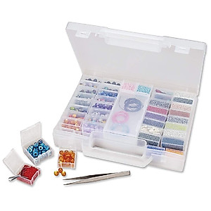 The Beadsmith Bead Organizer Carrying Case, 55 piece set, with removable compartments in assorted sizes, a carrying case, plus a bead scoop and tweezer.