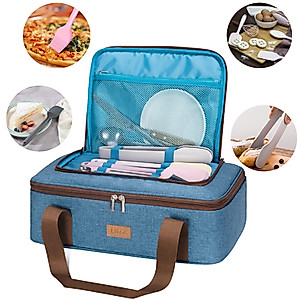 LHZK Double Decker Insulated Casserole Carrier for Hot or Cold Food, Expandable Hot Food Carrier, Lasagna Holder Tote for Potluck Parties, Picnic, Beach, Fits 11 x 15 or 9 x 13 Baking Dish (Blue)