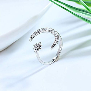 FUTIMELY Moon Crescent Star Ring for Women Adjustable Moon Sun CZ Statement Ring Dainty Crystal Crescent Finger Ring (Silver)