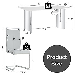 Maotifeys Marble Dining Table Set for 6, 7 Piece Modern Dining Room Table Set with Rectangle Kitchen Table and Upholstered Leather Chairs, 63" White Faux Marble Dining Table Chairs Set of 6,Light Grey