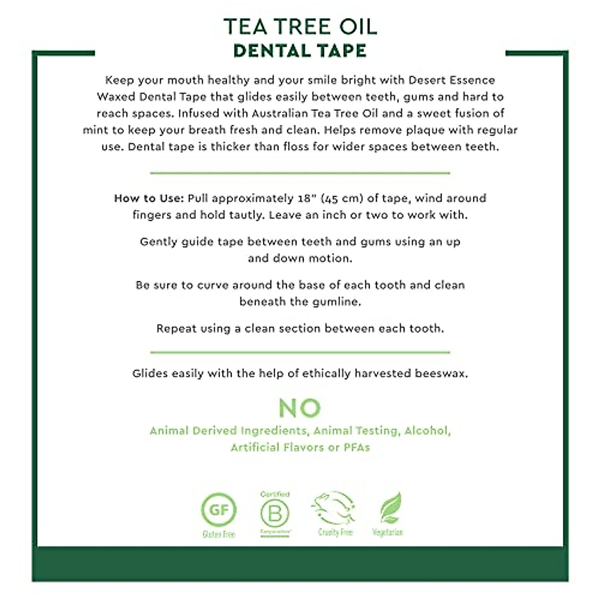 Desert Essence, Tea Tree Dental Tape 30 yd - Gluten Free - Cruelty Free - Naturally Waxed with Bees Wax - Thick Floss no Shred Tape - Tea Tree Oil - Removes Plaque and Build Up