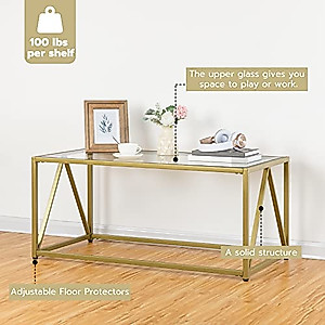 HOOBRO Glass Coffee Table, Gold Coffee Tables for Living Room, 1 Layer Center Table, Open Storage Shelf, Modern, for Apartment, Office, 39.4 x 19.7 x 17.7 Inches, Easy Assembly, Golden GD04KF01
