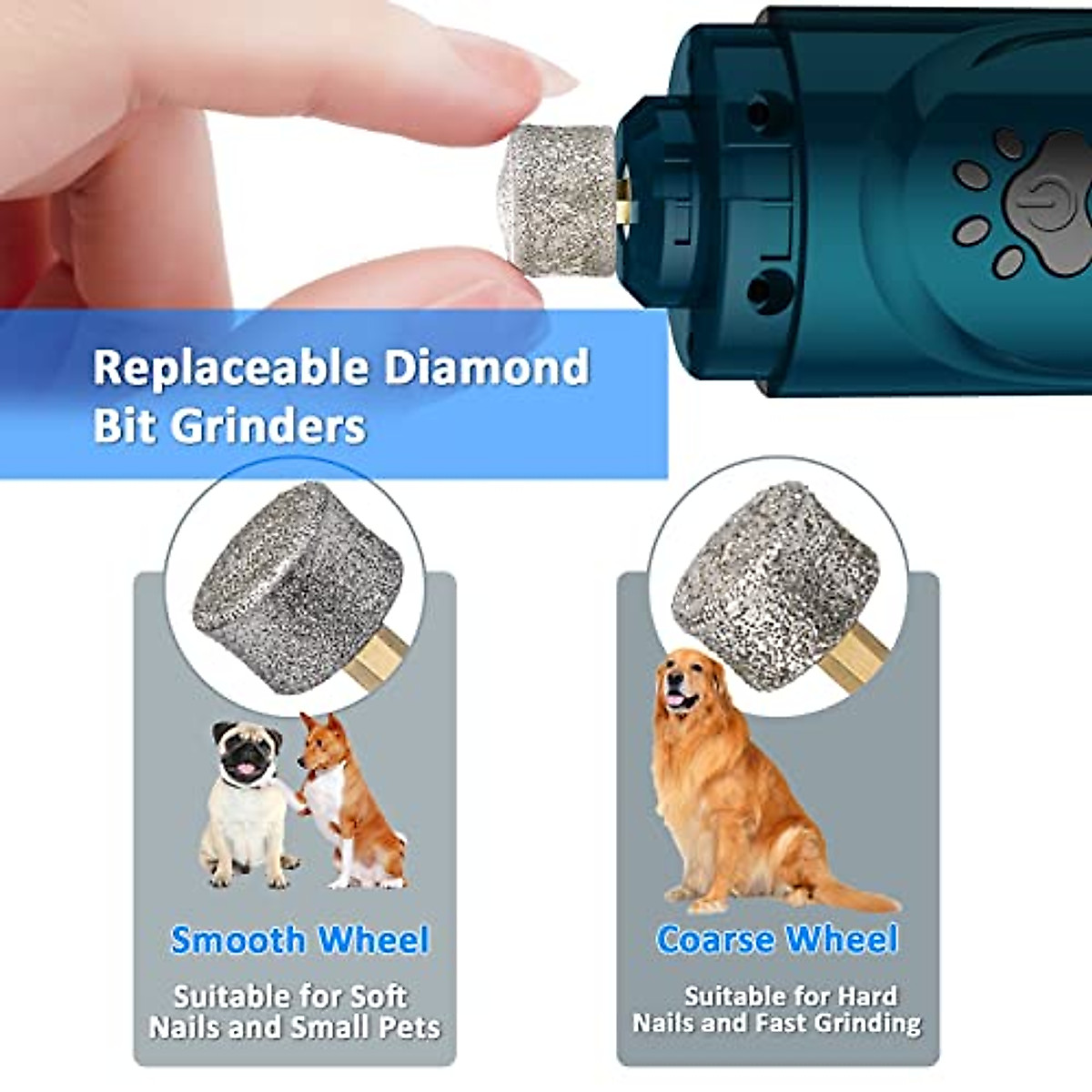 YABIFE Dog Nail Grinder, Dog Nail Trimmers and Clippers Kit, Super Quiet Electric Pet Nail Grinder, Rechargeable, for Small Large Dogs & Cats Toenail & Claw Grooming,3 Speeds, 2 Grinding Wheels